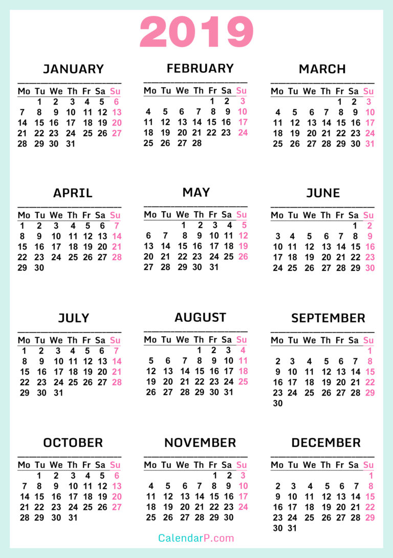 Printable Free 2019 Calendar, HD, Blue, Pink – Monday Start – CalendarP ...