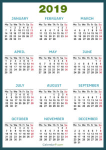 Printable Free 2019 Calendar, Blue, Green – Monday Start – CalendarP ...