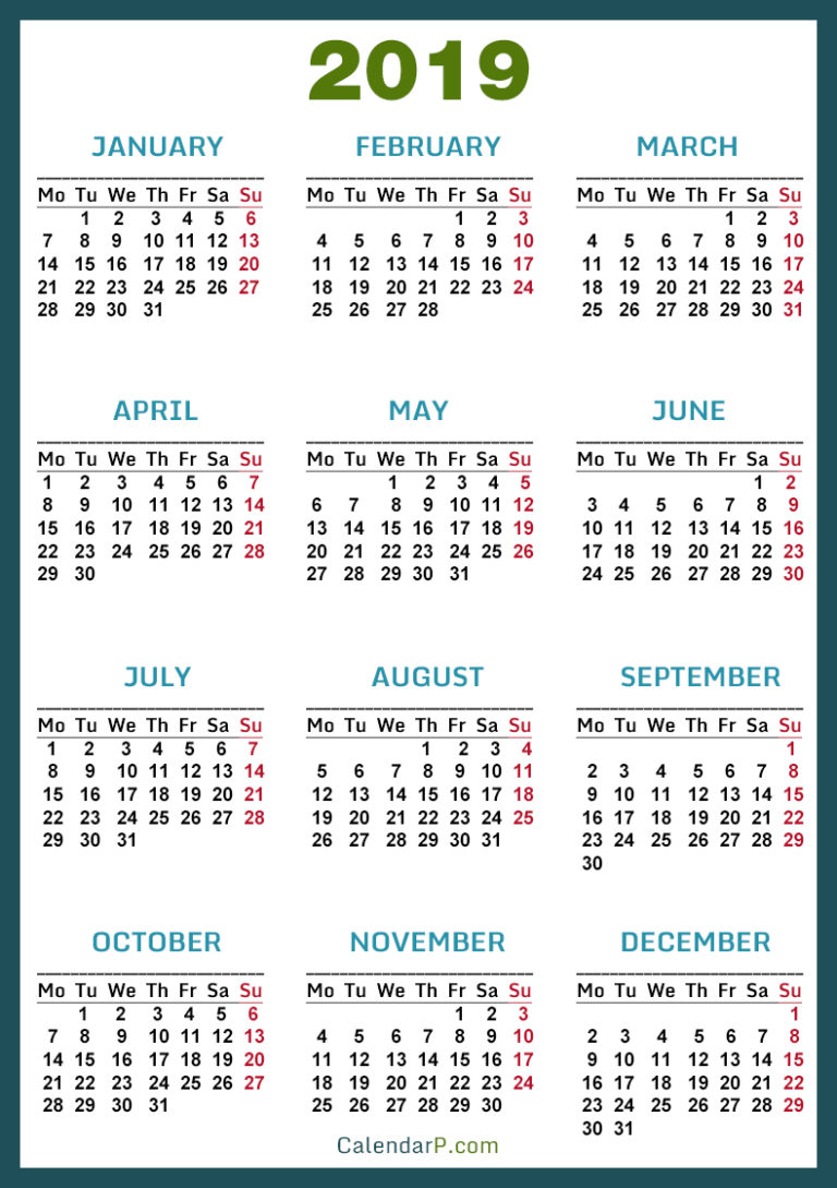 Printable Free 2019 Calendar, Blue, Green – Monday Start – CalendarP ...