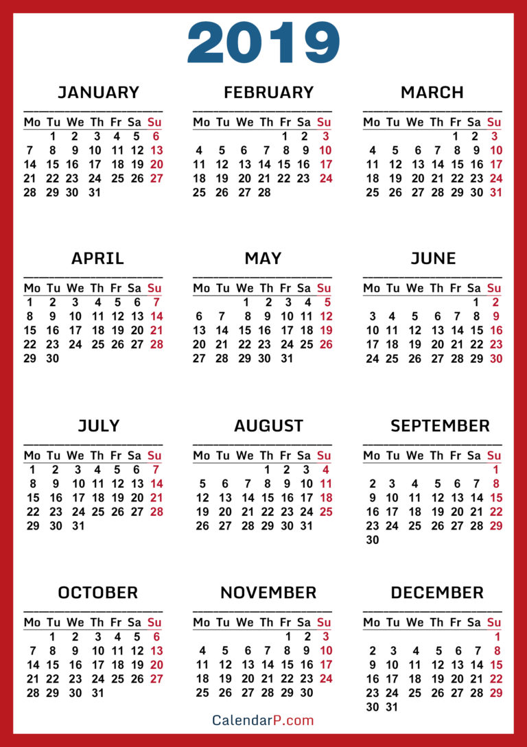 Printable Free 2019 Calendar, HD, Red, Blue – Monday Start – CalendarP ...