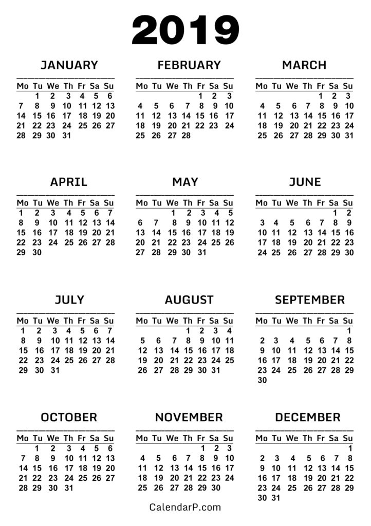 Printable Free 2019 Calendar, HD, White – Monday Start – CalendarP ...