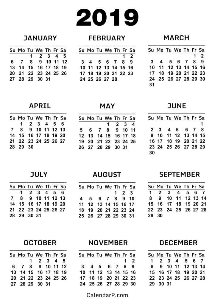 Printable Free 2019 Calendar, HD, White – Sunday Start – CalendarP ...