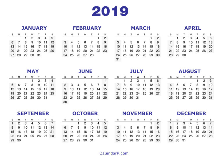2019 Calendar Printable Free, Blue – CalendarP | Printables