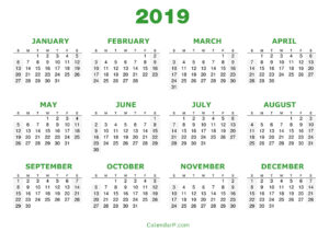 2019 Calendar Printable Free, Green – CalendarP | Printables