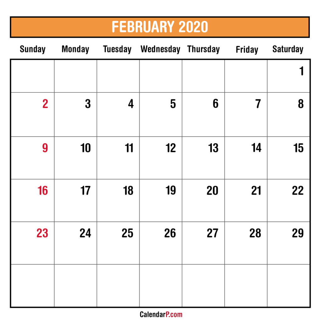 2020 Monthly Planner Printable Free – Sunday Start, Orange – CalendarP ...