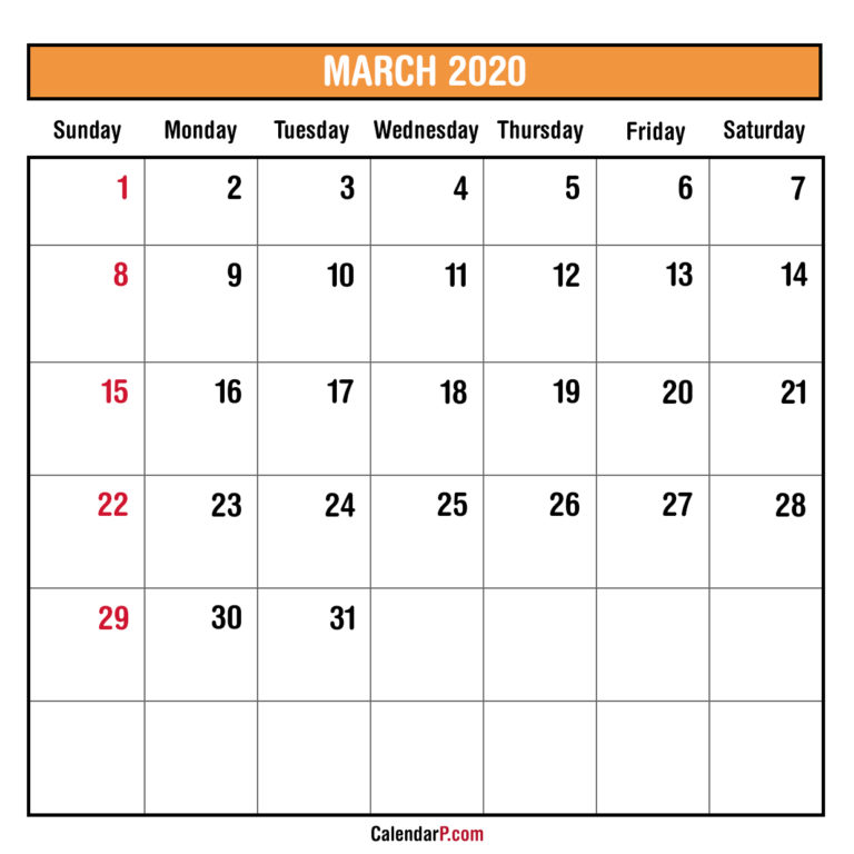 2020 Monthly Planner Printable Free – Sunday Start, Orange – CalendarP ...