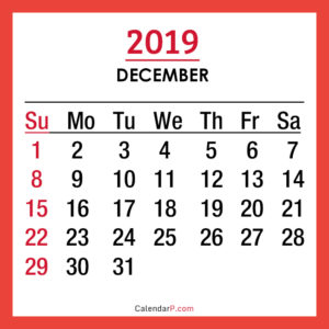 2019 Monthly Calendars Printable Free – Sunday Start, Red – CalendarP ...