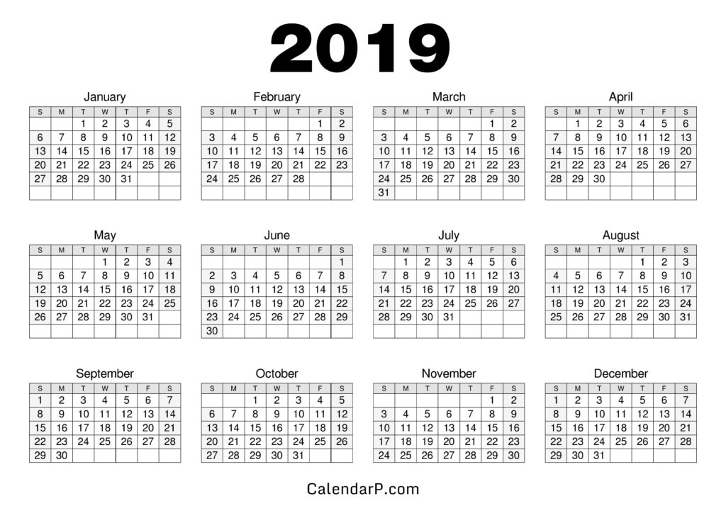 2019 Calendar Printable Free, HD – Black, White – CalendarP | Printables