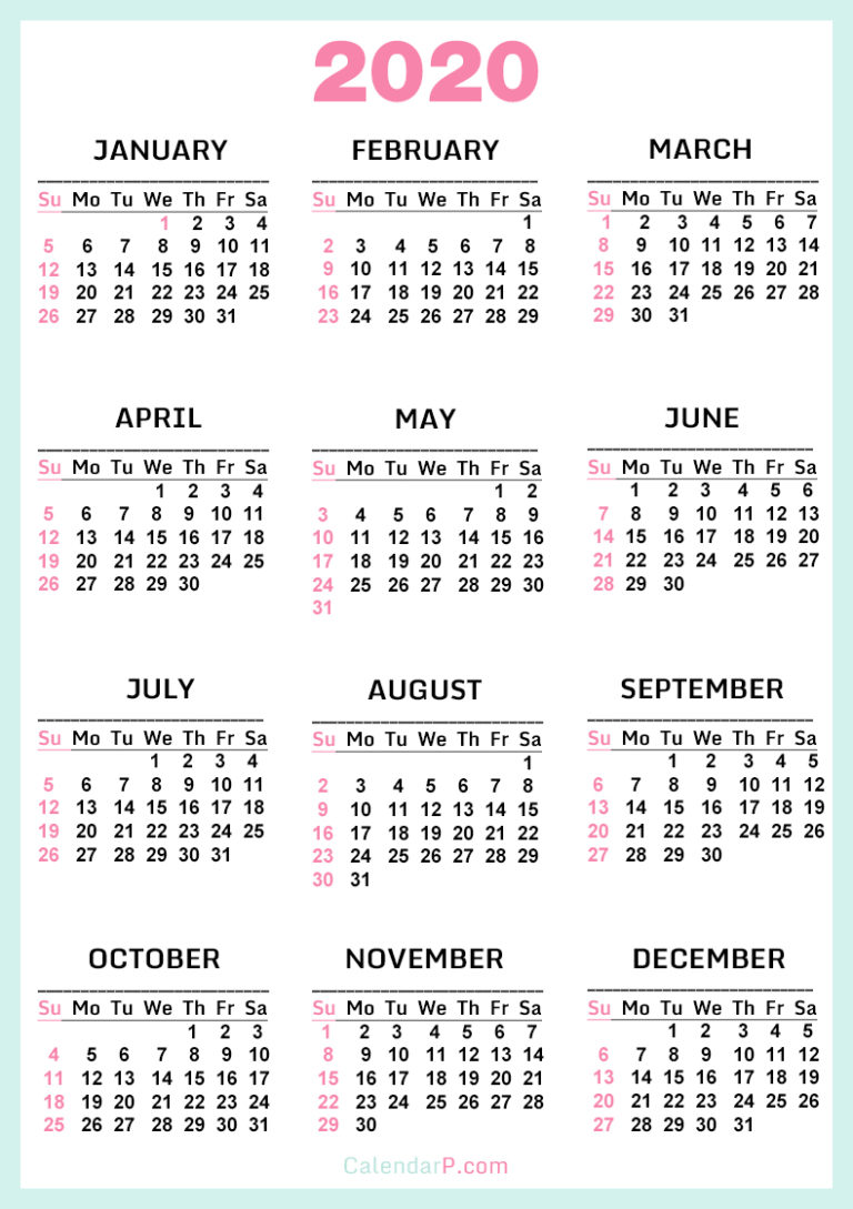 2020 Calendar, Printable Free, Baby Blue – Sunday Start – CalendarP ...