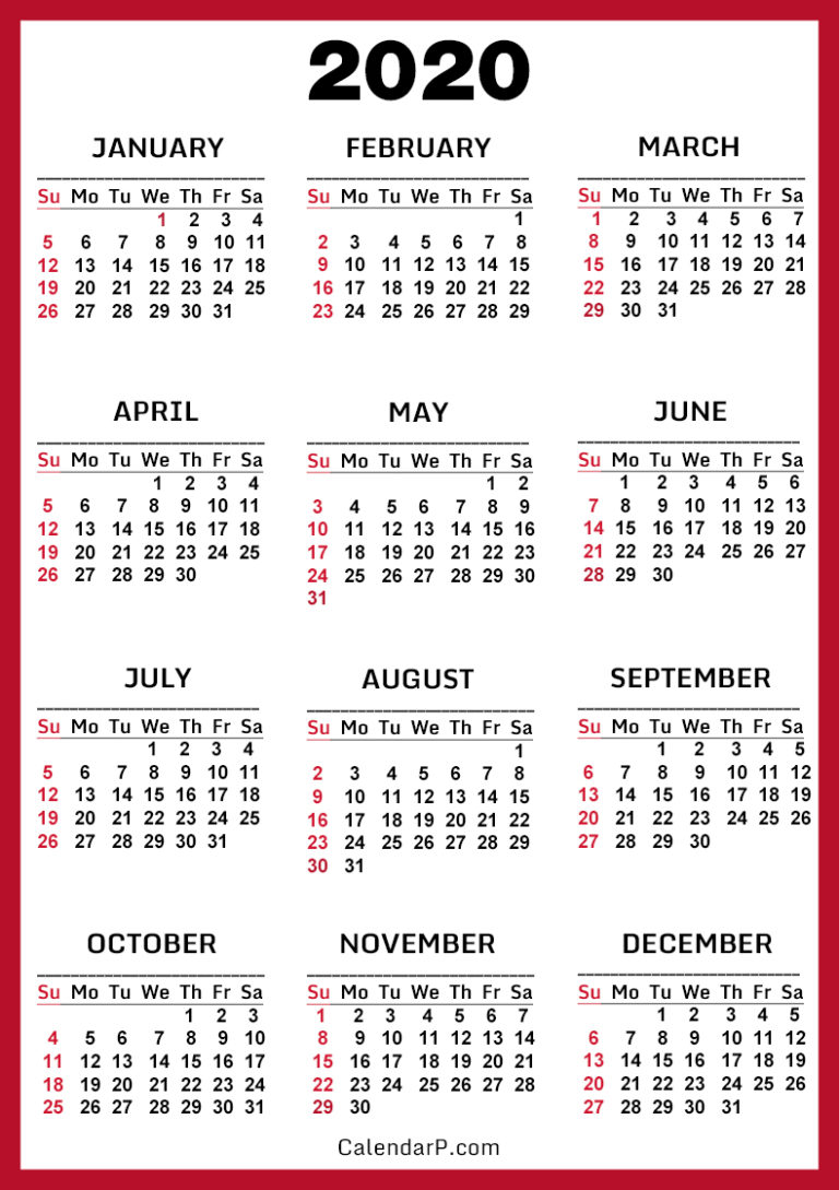2020 Calendar, Printable Free, Red – Sunday Start – CalendarP | Printables