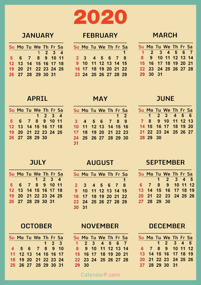 2020 Calendar, Printable Free, Turquoise, Orange – Sunday Start ...