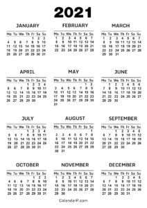 2021 Calendar, Printable Free, White – Monday Start – CalendarP ...