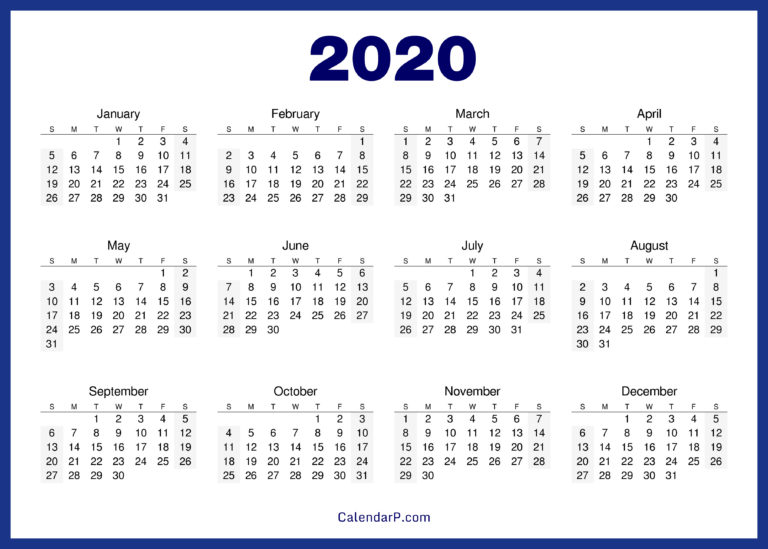2020 Calendar Printable Free, HD – Navy Blue – CalendarP | Printables