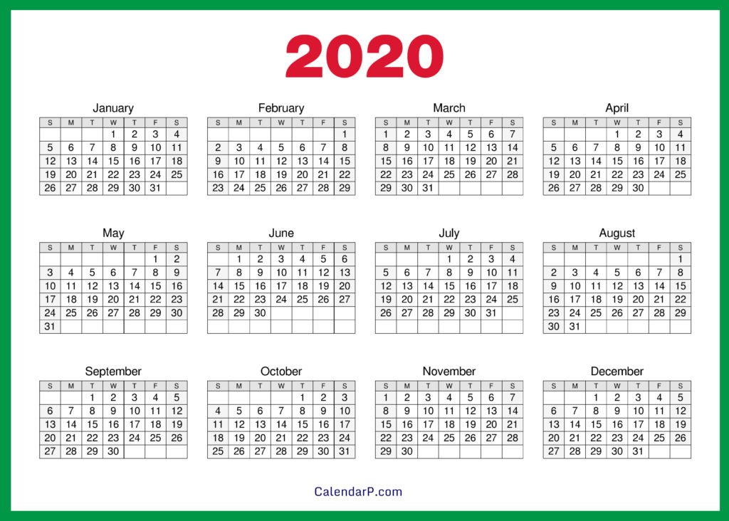 2020 Calendar Printable Free, HD – Green – CalendarP | Printables
