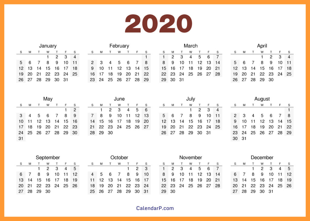 2020 Calendar Printable Free, HD – Orange – CalendarP | Printables