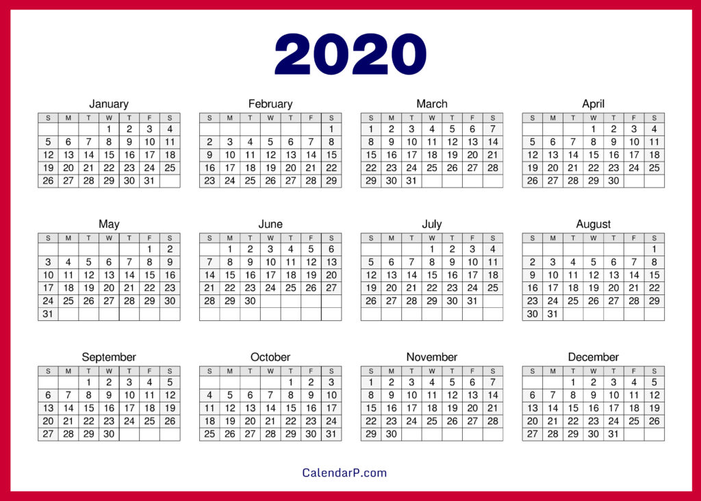 2020 Calendar Printable Free, HD – Red – CalendarP | Printables