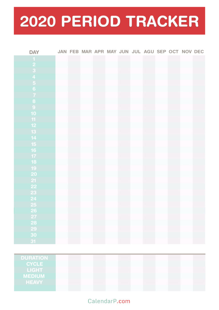 2020 Period Tracker Calendar, Free Printable PDF, JPG, Red, Turquoise ...