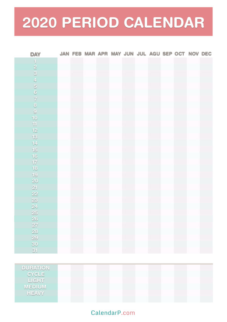 2020 Period Calendar, Free Printable PDF, JPG, Red, Blue – CalendarP ...