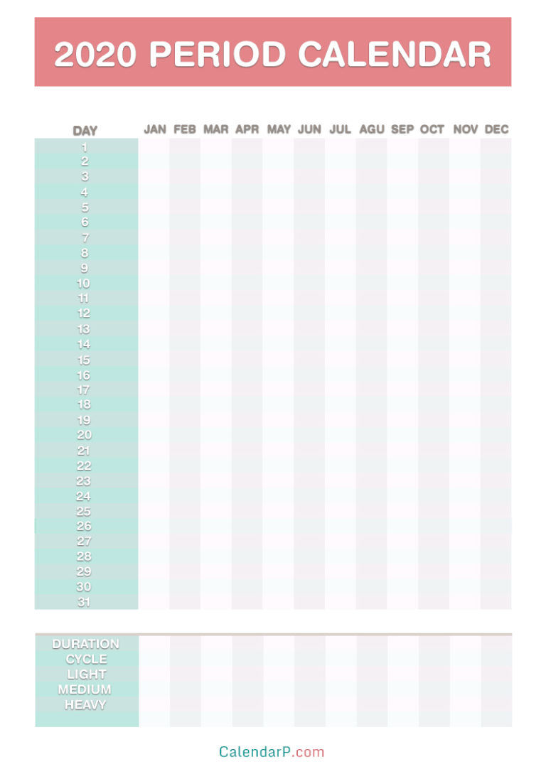 2020 Period Calendar, Free Printable PDF, JPG, Red, Blue – CalendarP ...