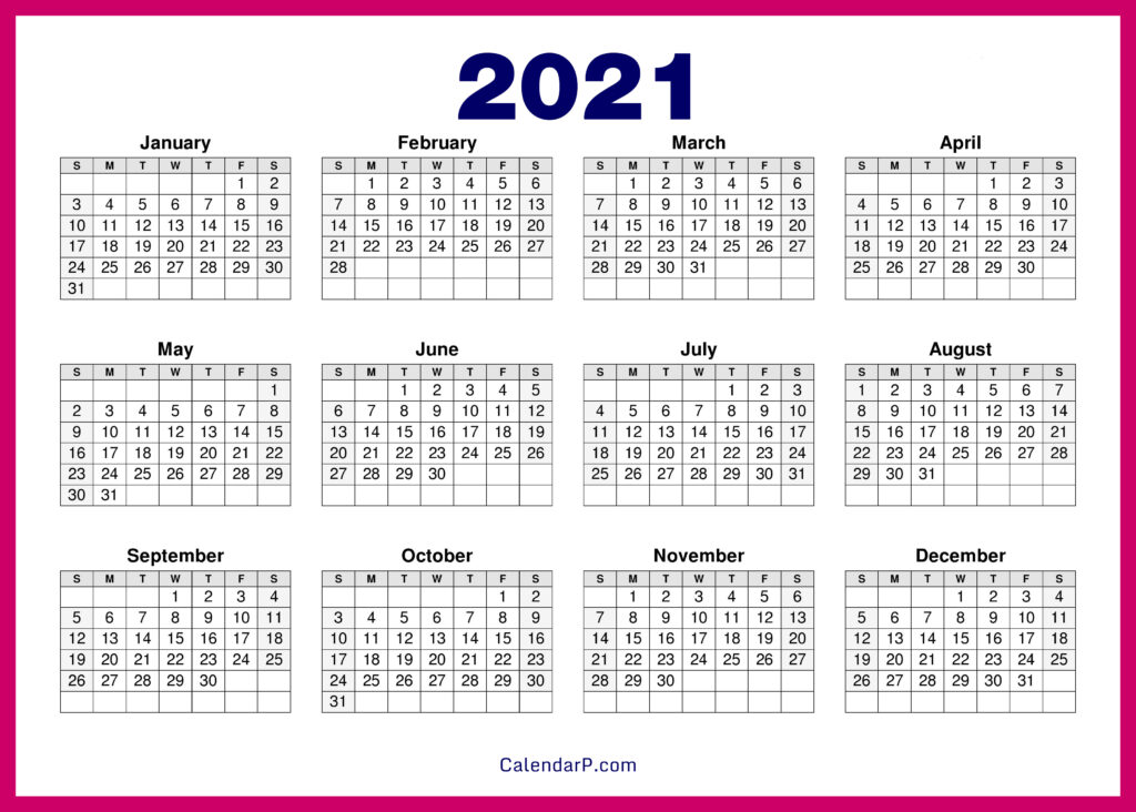2021 Calendar Printable Free, HD – Pink – CalendarP | Printables