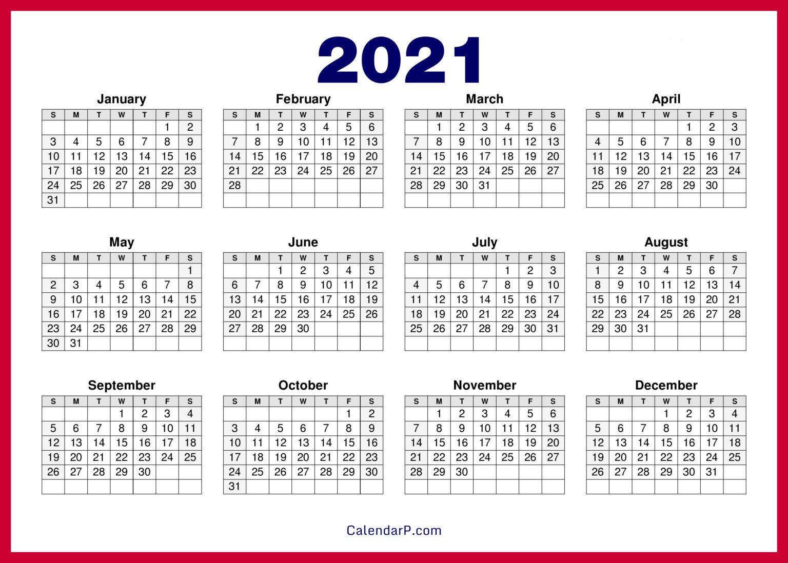 2021 Calendar Printable Free, HD – Red – CalendarP | Printables