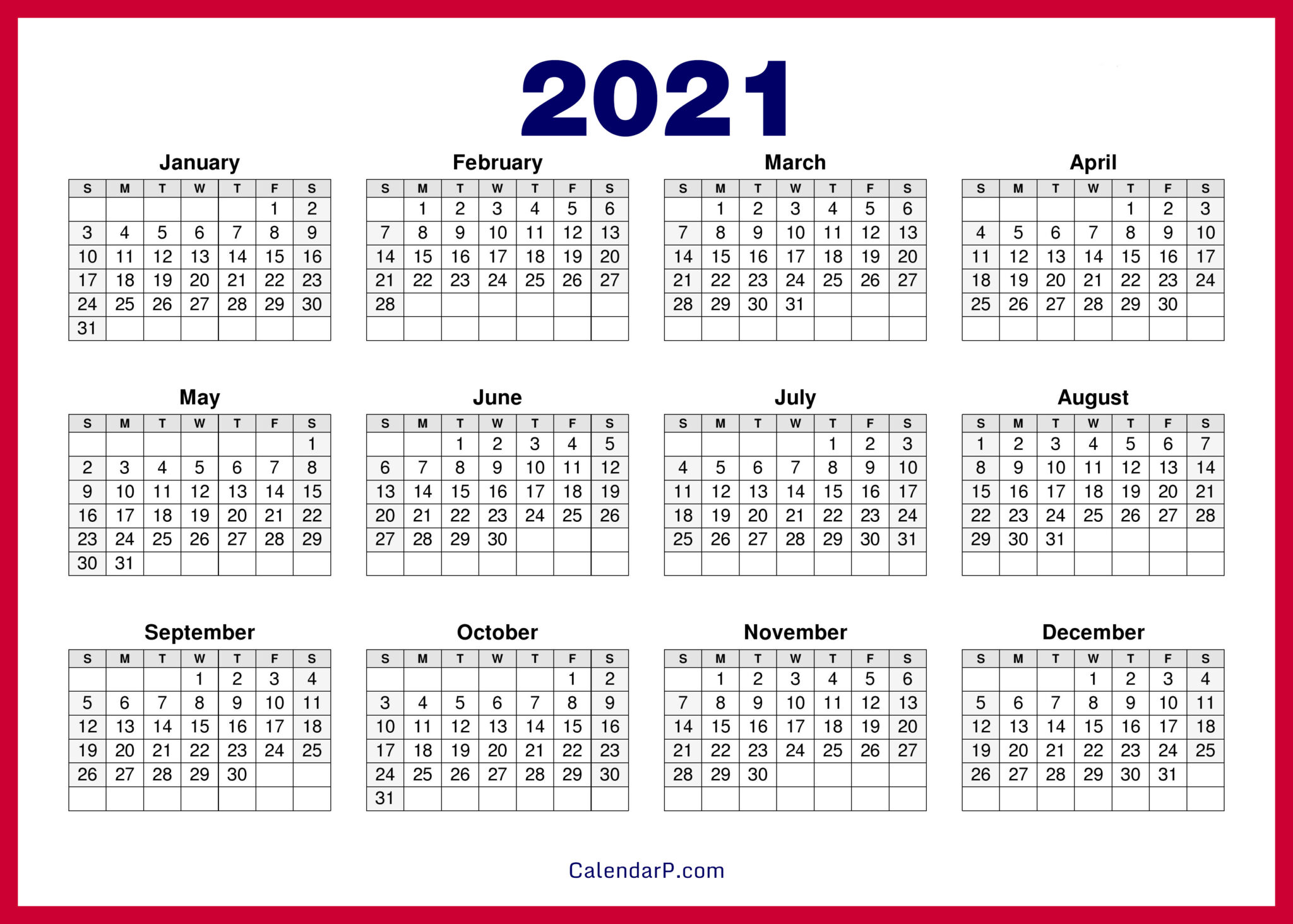 2021 Calendar Printable Free, HD – Red – CalendarP | Printables
