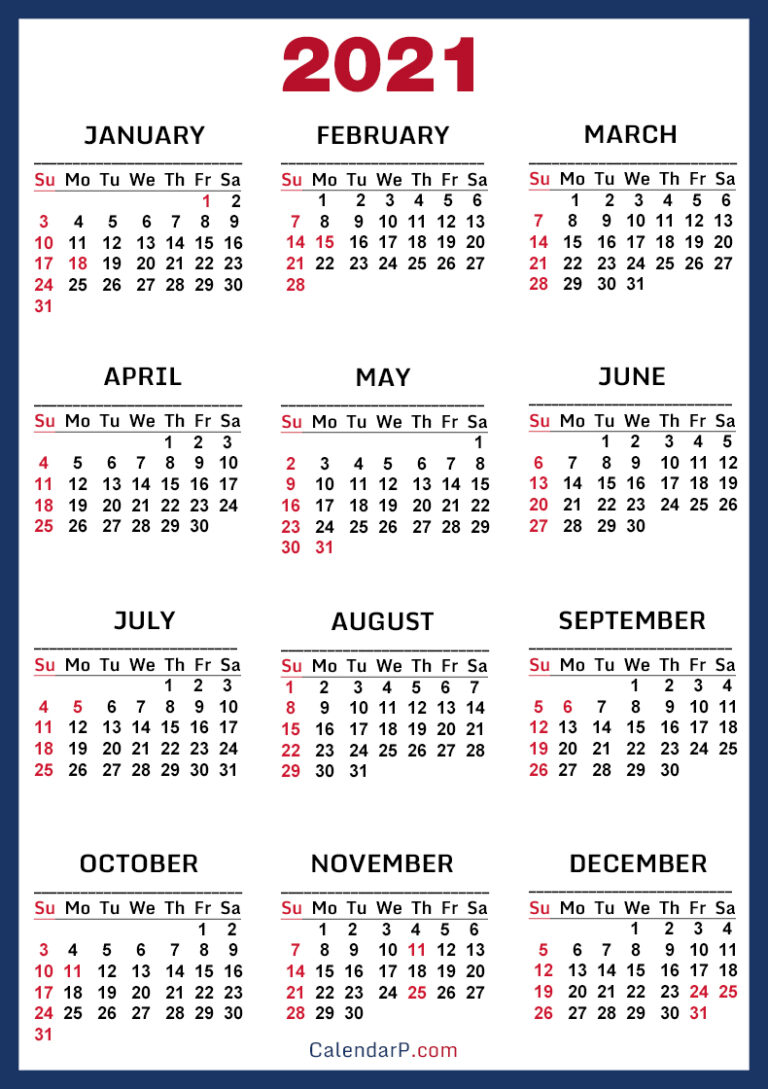 2021 Calendar with US Holidays, Printable Free, Blue – Sunday Start ...